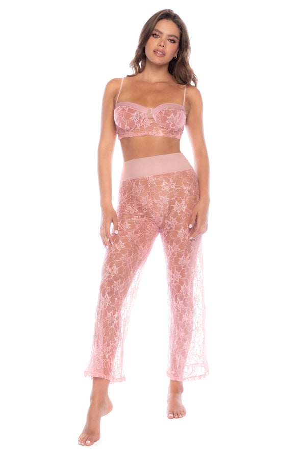 Pink Sheer Floral Lace Bralette & Pants Women's Sleep Lounge Wear