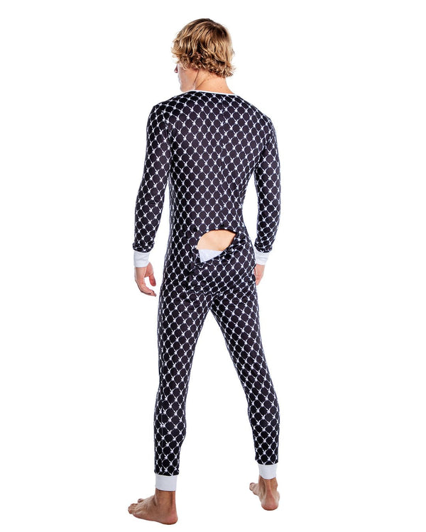 Men's Playboy Bunny Black Diamond Print Open Butt Flap Jumpsuit