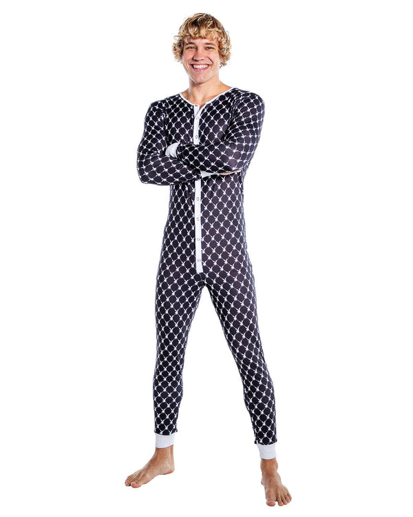 Men's Playboy Bunny Black Diamond Print Open Butt Flap Jumpsuit